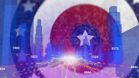 Animation Of Cityscape With Numerical Data Overlay And Star Emblem In