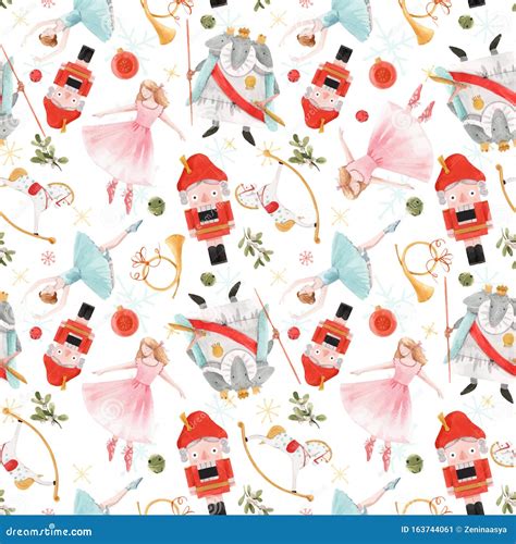Watercolor Vector Christmas Winter Nutcracker Fairy Tale Ballet Seamless Pattern Stock Vector