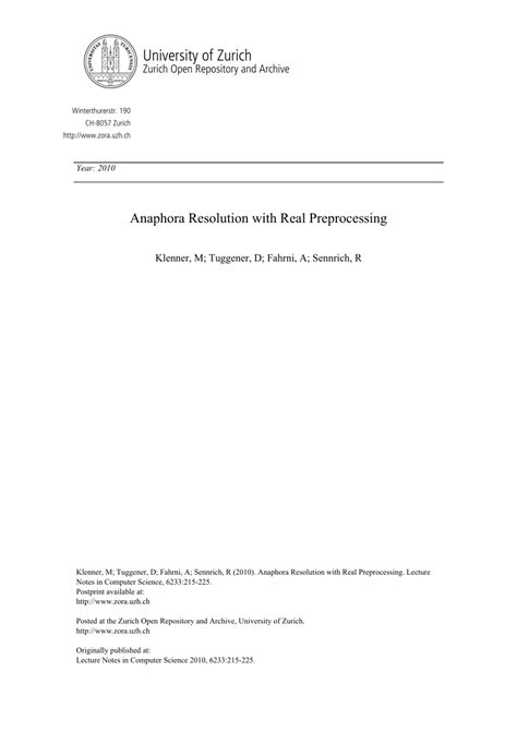 Pdf Anaphora Resolution With Real Preprocessing