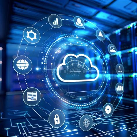 Cloud Computing Data Storage And Technology Concept With Icons Over Server Room Background