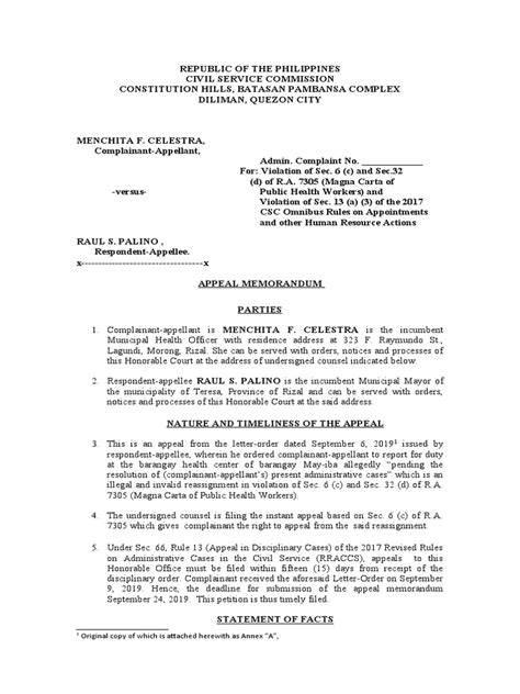Sample Appeal Memorandum Csc Celestra Vs Paulino Pdf Us