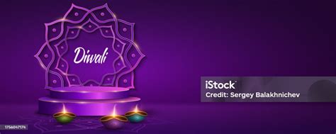 빛의 디왈리 축제를 위한 연단 전통적인 불타는 디야 램프 전시를 위한 3d 주춧대 당신의 제품 인도 만다라의 축제 배경입니다 벡터 일러스트 레이 션입니다 3차원 형태에 대한