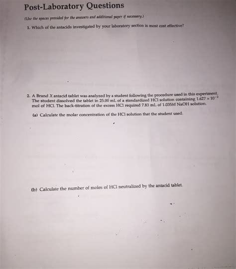 Solved Post Laboratory Questions Use The Spaces Provided