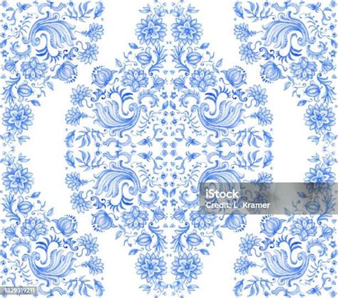흰색 배경에 인디고 블루 다마스크 매끄러운 패턴을 그린 수채화 지중해 마졸리카 세라믹 페인팅 스타일의 손으로 그린 바로크양식과 꽃 장식으로 타일 바틱 벽지 모자이크에 대한