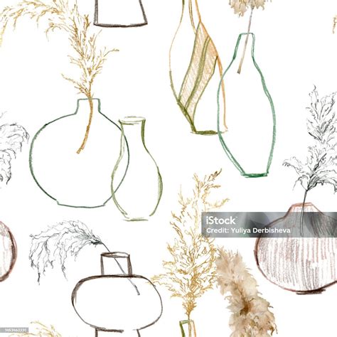 팜파스 풀과 연필 꽃병의 수채화 선형 원활한 패턴 흰색 배경에 격리된 손으로 그린 마른 식물 디자인 인쇄 패브릭 또는 배경에 대한 꽃 그림 꽃병에 대한 스톡 벡터 아트 및