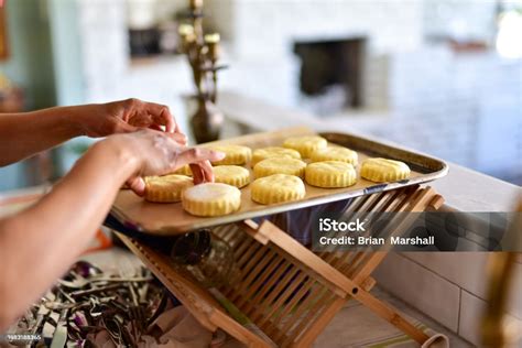 과자 굽는 판에 신선한 둥근 자른 비스킷 반죽을 깔끔하게 놓는 여자 건강한 식생활에 대한 스톡 사진 및 기타 이미지 건강한 식생활 모양 미국 Istock