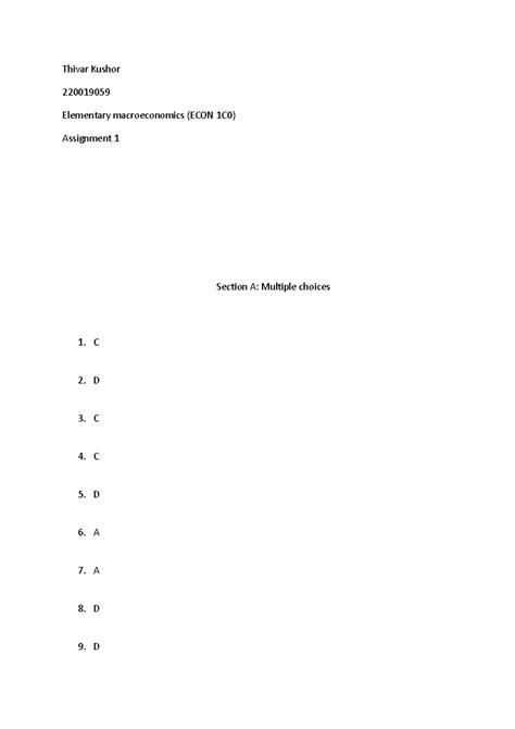 Econ Assignment 1 2020 Based On Test Thivar Kushor 220019059 Elementary Macroeconomics ECON