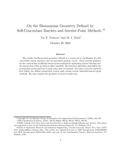 Pdf On The Riemannian Geometry Defined By Self Concordant Barriers And Interior Point Methods