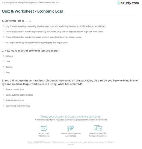Quiz And Worksheet Economic Loss