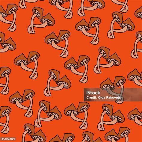 꿀 버섯 이음새가 없는 무늬 오렌지색 배경에 버섯 한 켤레 갈색에 대한 스톡 벡터 아트 및 기타 이미지 갈색 디자인 때리기 Istock