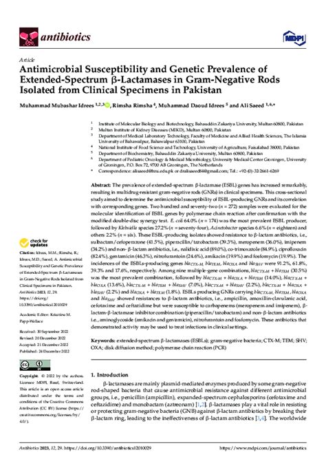 Pdf Antimicrobial Susceptibility And Genetic Prevalence Of Extended