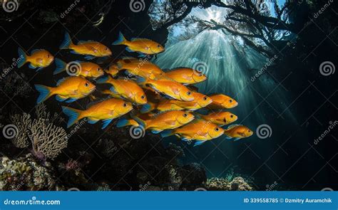 The Beauty Of Synchronization And Unity In Marine Life Underwater Is Exemplified By A Large