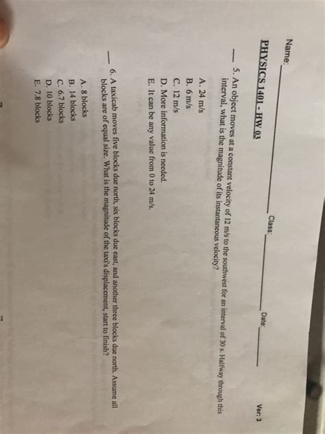 Solved Name Class Date Physics 1401 Hw 03 Ver 3 5 An