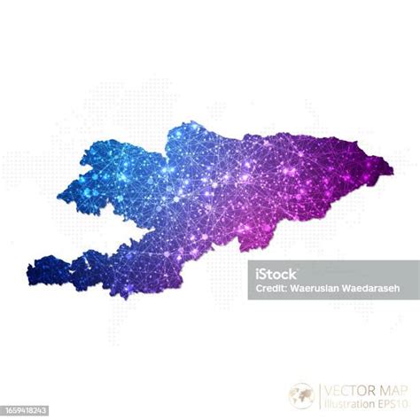 흰색 배경에 보라색 다각형 스타일의 그라데이션 그래픽이 있는 기하학적 와이어프레임 파란색의 키르기스스탄 지도 0명에 대한 스톡