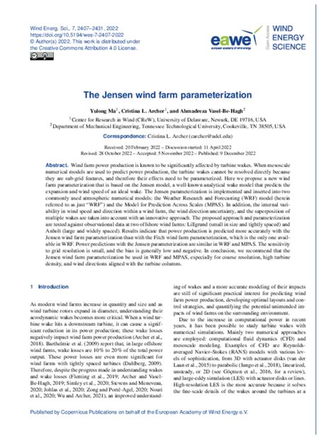 Pdf The Jensen Wind Farm Parameterization