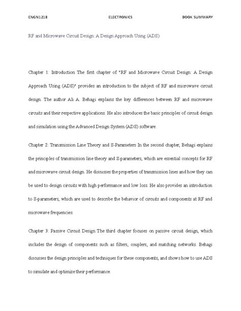 Detailed Book Summary Of Rf And Microwave Circuit Design A Design Approach Using Ads Rf And