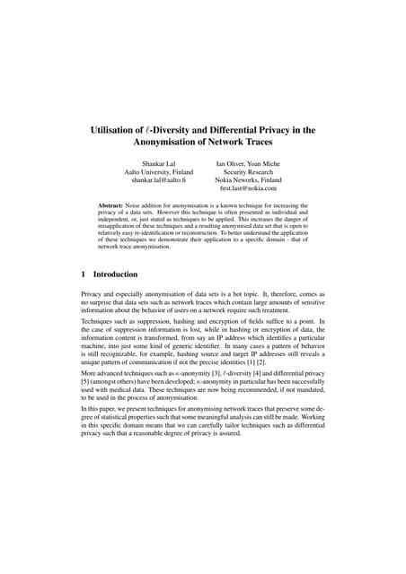 Utilisation Of L Diversity And Differential Privacy In The Anonymisation Of Network Traces Pdf