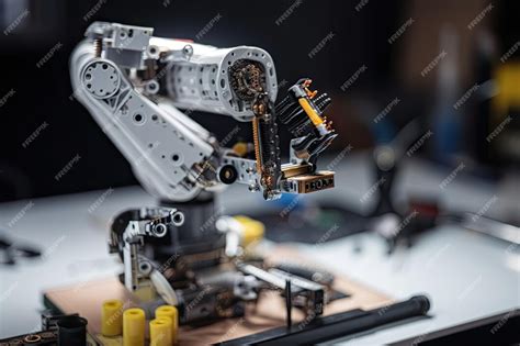 Premium Ai Image Closeup Of Robot Arm With Tools And Parts Laid Out For Repair Created With
