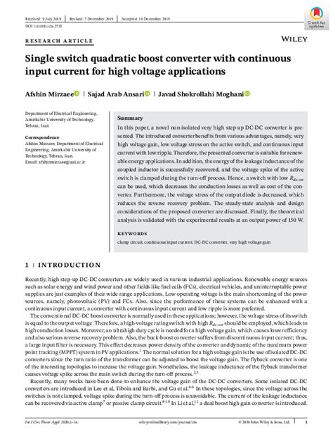 Pdf Single Switch Quadratic Boost Converter With Continuous Input Current For High Voltage
