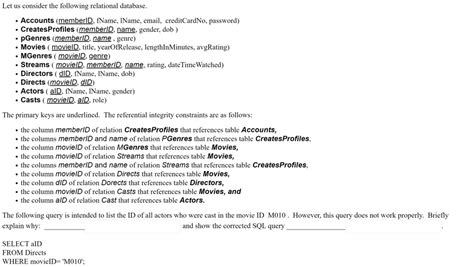 The Corrected Sql Query Is Select Ald From Casts Where Movieldm010