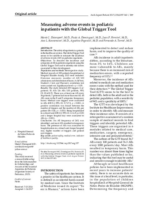 Pdf Measuring Adverse Events In Pediatric Inpatients With The Global Trigger Tool