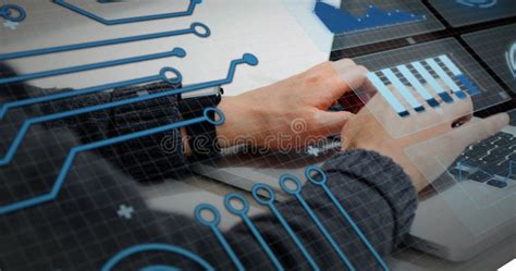 Image Of Graphs Circles And Circuit Board Pattern Over Caucasian Man Working On Laptop Stock