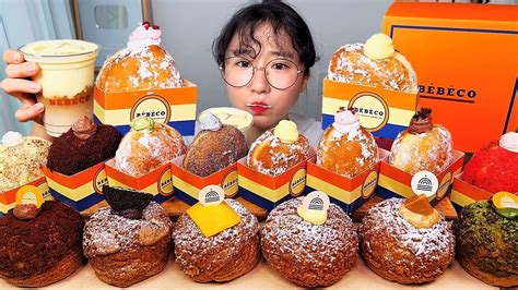 배배꼬🍧 쿠키슈 크림도넛 생 커스터드 크림 라떼 먹방 Dessert Mukbang Youtube