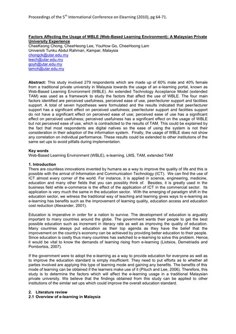 Pdf Factors Affecting The Usage Of Wble Web Based Learning Environment A Malaysian Private
