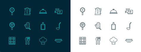 세트 라인 주방 고기 분쇄기 교차 나이프와 포크 도마 요리사 모자 오븐 장갑 음식 트레이로 덮여 있습니다 벡터 가리기에 대한 스톡 벡터 아트 및 기타 이미지 Istock