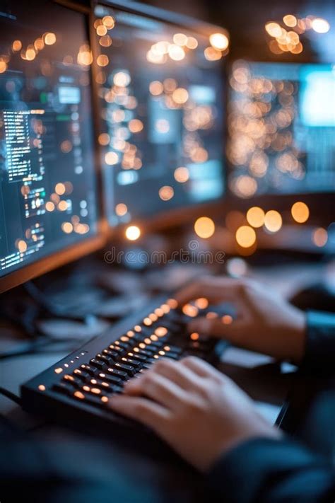 A Professional Monitors Multiple Security Feeds In A Dimly Lit Control Room Focused On The