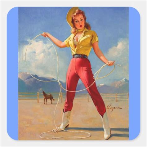 Vintage Gil Elvgren Ranch Western Pin Up Girl Square Sticker Zazzle