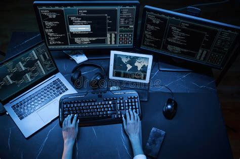 Close Up Top View Of Female Hacker Hands Typing On Keyboard Stock