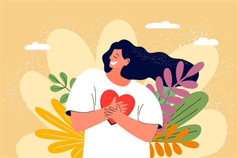 가슴에 손을 얹은 여자 자기 사랑 개념입니다 행복한 차분한 소녀 행복의 느낌 조화 긍정적 인 감정 흰색 배경에 분리된 컬러 플랫 벡터 그림 Mental Wellbeing에