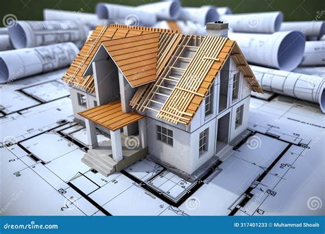 Detailed 3d House Model On Blueprints With Exposed Construction Layers And Materials Stock