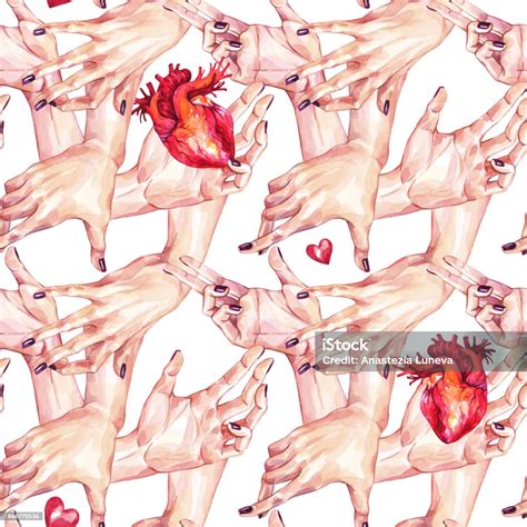 수채화 완벽 한 패턴 여자의 컬렉션 현실적인 스타일 해부학 마음을 잡고 손 몸짓과 손 접촉 인간 신체 부분입니다 사랑의 예술 기호입니다 발렌타인 데이 일러스트 레이 션 하트
