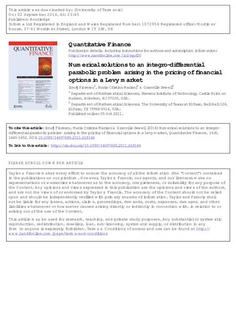 Pdf Numerical Solutions To An Integro Differential Parabolic Problem Arising In The Pricing Of