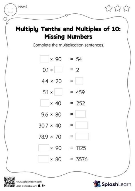 Multiply Tenths And Multiples Of 10 Missing Numbers Math Worksheets