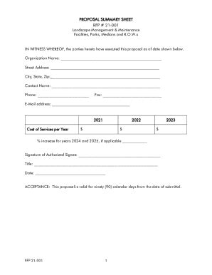 Fillable Online PROPOSAL SUMMARY SHEET RFP Fax Email Print PdfFiller