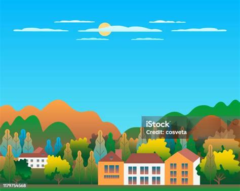 언덕과 산 풍경 플랫 스타일의 주택 농장 야외 파노라마 시골 그림입니다 녹색 필드 나무 숲 푸른 하늘과 태양 시골 위치 만화 벡터 배경 가을에 대한 스톡 벡터 아트 및 기타