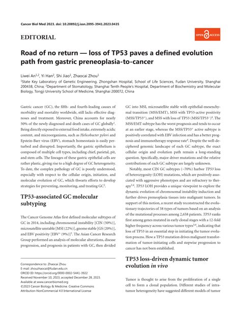 Pdf Road Of No Return Loss Of Tp53 Paves A Defined Evolution Path From Gastric Preneoplasia