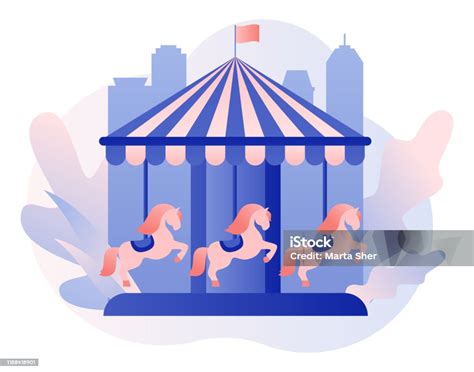 놀이 공원 개념입니다 말과 회전 목마 현대 평면 만화 스타일입니다 벡터 일러스트레이션 Carnival에 대한 스톡 벡터 아트 및 기타 이미지 Carnival 공원