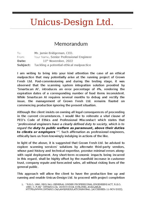 Unicus Memo Memo Assignment Unicus Design Ltd Memorandum To Mr