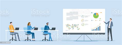 플랫 벡터 비즈니스 팀 회의 및 비즈니스 맨과의 교육 공동 작업 프로젝터 스크린 대시보드 개념에 대한 프레젠테이션 인포그래픽 데이터 모임에 대한 스톡 벡터 아트 및 기타