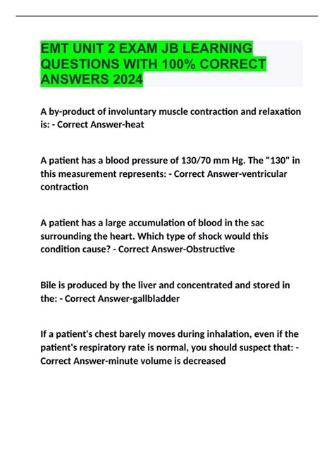 EMT UNIT 2 EXAM JB LEARNING QUESTIONS WITH 100 CORRECT ANSWERS 2024 EMT Stuvia US