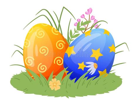 Cartoon Easter Eggs Spring Holiday Eggs On Grass Lawn Colorful