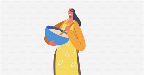 그릇에 반죽을 섞은 여자 빵집을 요리하는 독신 여성 캐릭터 하얀 배경에 고립된 페이스트리 또는 빵 어머니 주부 요리사가 새로운 레시피를 시도하고 있다 만화 사람들