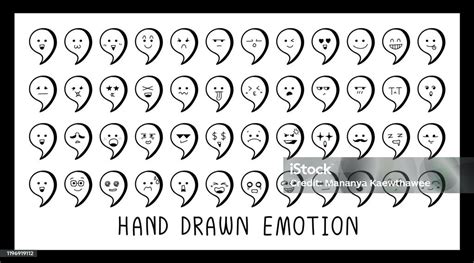 흰색 배경에 격리 된 다른 감정 아이콘과 얼굴 이모티콘을 그립니다 캐릭터 크리에이티브 벡터 일러스트 Eps10 아트 블랙 스피치 버블과 낙서 귀여운 만화 감정의 집합입니다