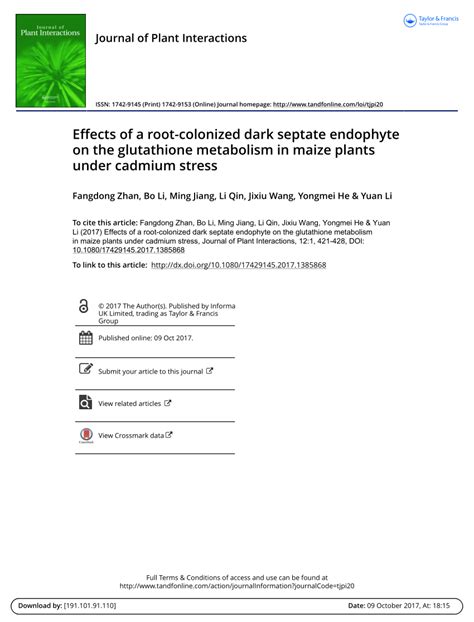 Pdf Effects Of A Root Colonized Dark Septate Endophyte On The Glutathione Metabolism In Maize