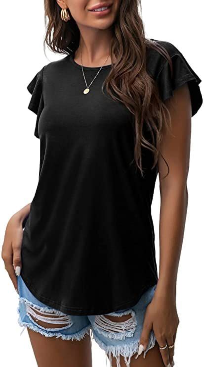 Prinstory Womens Tops Summer Casual Ruffle Short Sleeves Knit Shirts Round Neck Tunic Top For