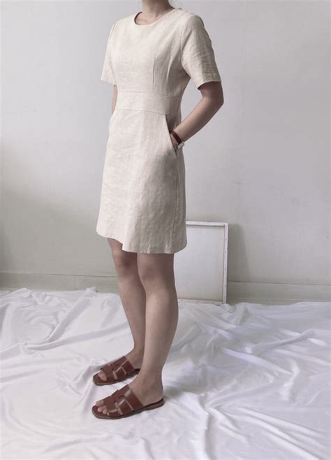 드레스코드hd 베이지 블랙 H라인 주머니 포켓 린넨 라운드넥 여름 하객 미니원피스 상견례 단정한 원피스 위시버킷